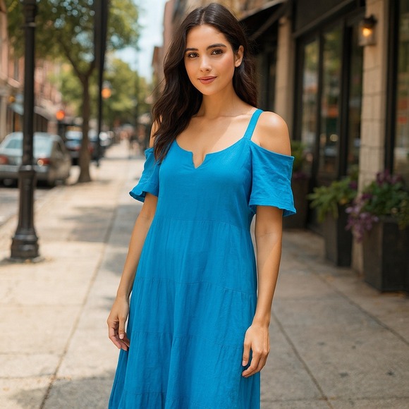 Dunes Relaxed Fashion | Dresses | Cold Shoulder Maxi Dress Blue Tiered ...